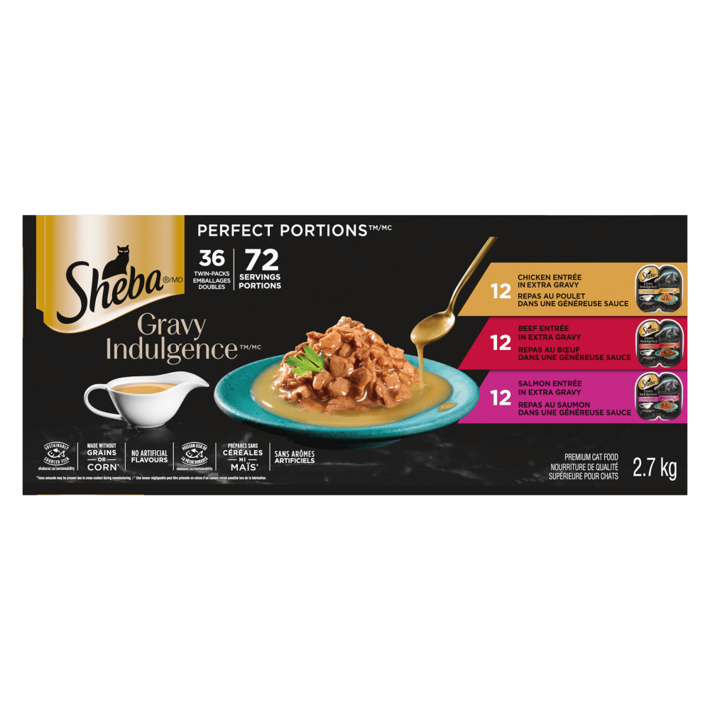 SHEBA® GRAVY INDULGENCE™ PERFECT PORTIONS™ Chicken & Beef & Salmon ...